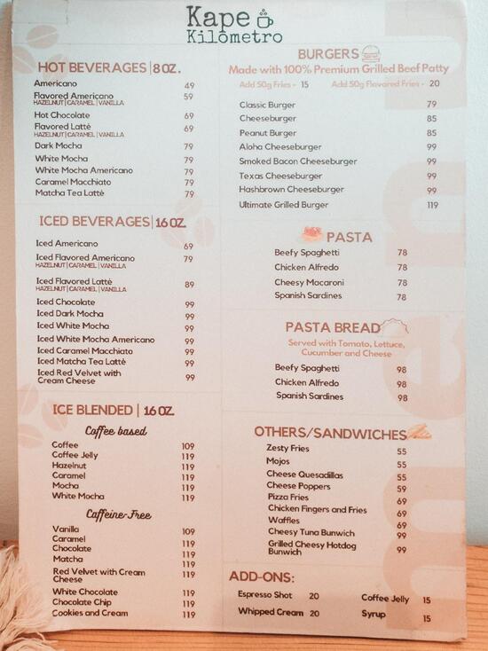 Menu at KAPE Kilometro, Marilao