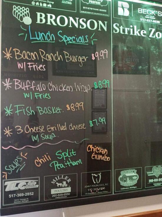 Menu at Bronson Strike Zone pub & bar, Bronson