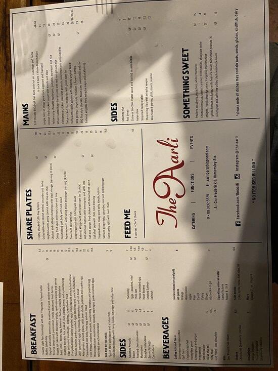 Menu at The Aarli restaurant, Broome