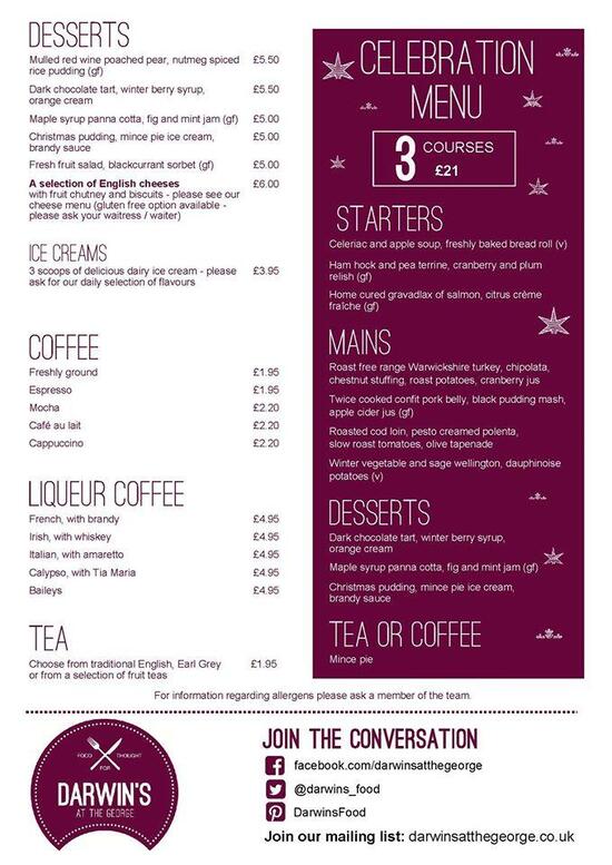 Menu at Darwin's at The George restaurant, Lichfield
