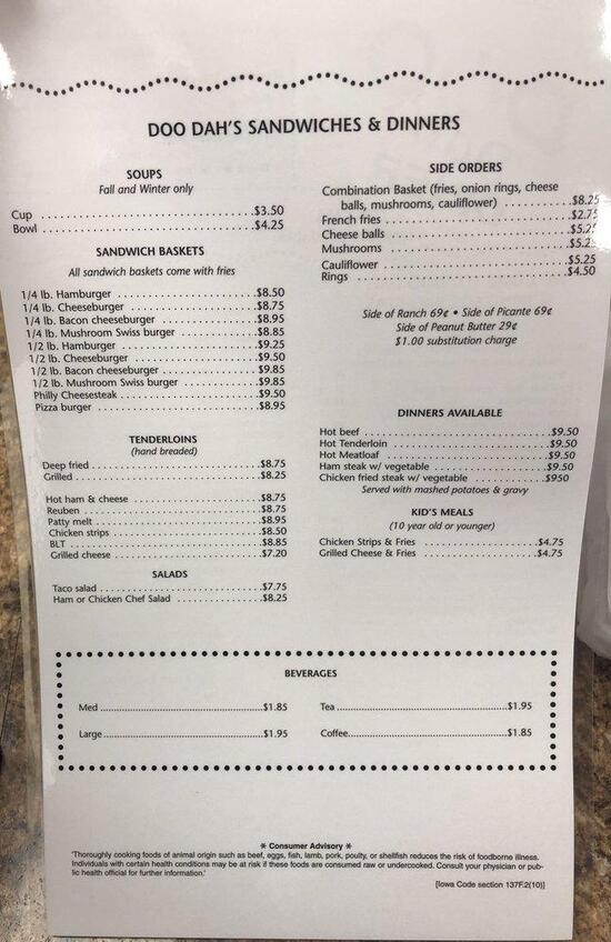 Menu at DOO Dah's DINER restaurant, Marshalltown