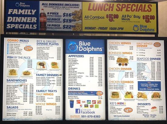 Menu at Blue Dolphin's Fish & Chicken restaurant, Little Rock