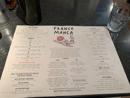 Menu at Franco Manca Manchester - Piccadilly Gardens pizzeria, Manchester