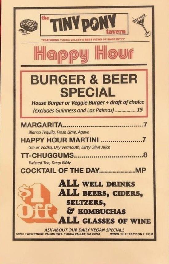 Menu at The Tiny Pony Tavern pub & bar, Yucca Valley