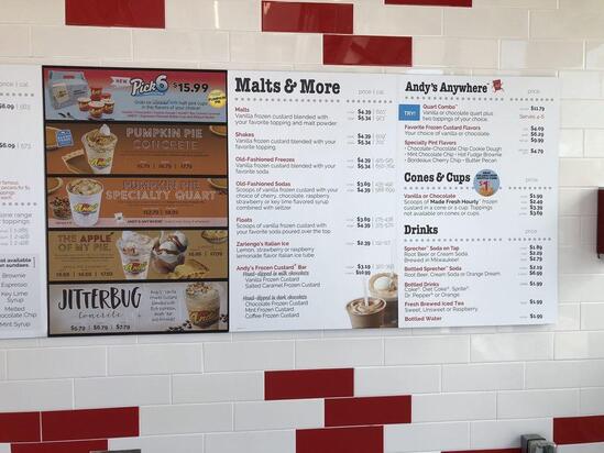 Menu at Andy's Frozen Custard desserts, Lakeland