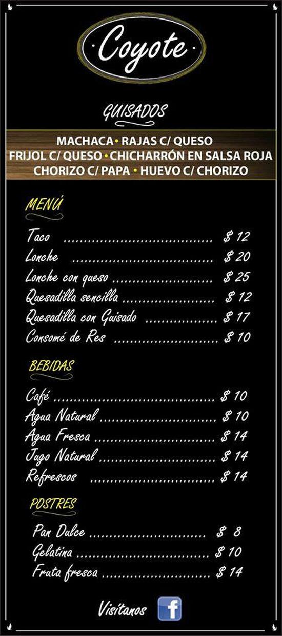 Menu at Coyote tacos restaurant, Mexico