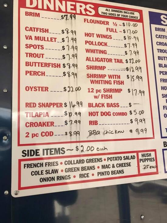Menu at John C's Fish Market restaurant, Hope Mills