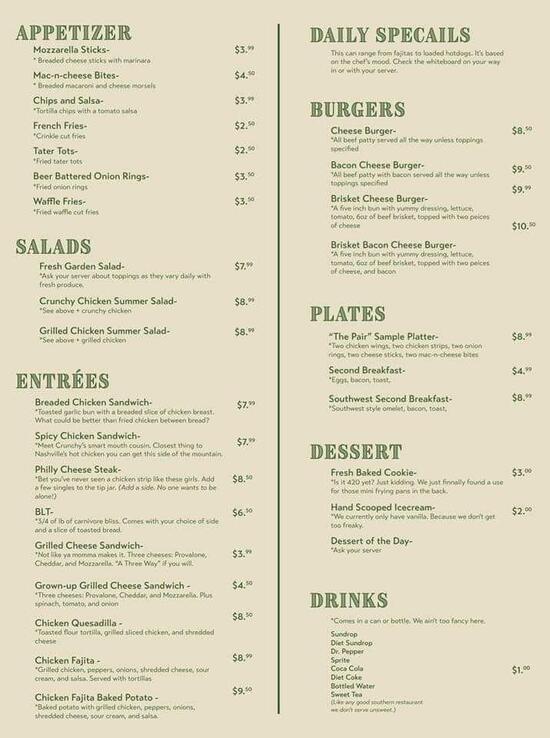 Menu at The Green room pub & bar, Tracy City