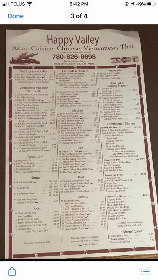 Menu at Happy Valley Restaurant, Bonnyville