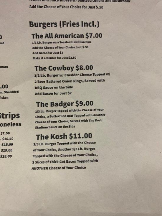 Menu at The Kosh Bar & Grill, Milton