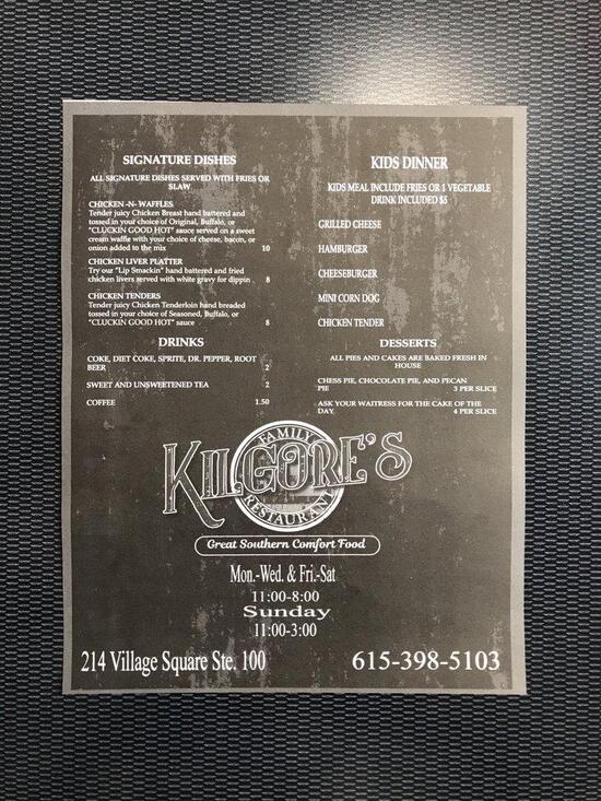 Menu at Kilgore's Family Restaurant, Pleasant View