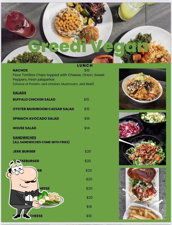 Menu at Greedi Vegan restaurant, New York City, 326 Tompkins Ave