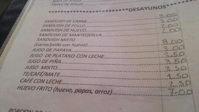 Menu at La Caleta restaurant, La Punta
