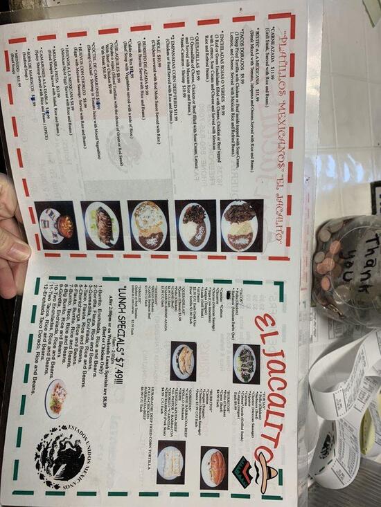 Menu at El Jacalito restaurant, Freeport, US Highway 331 S