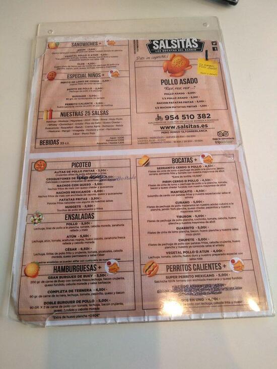 Menu at Salsitas fast food, Seville