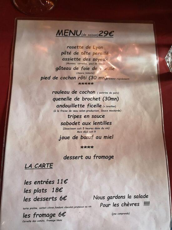 Menu at Notre Maison restaurant, Lyon