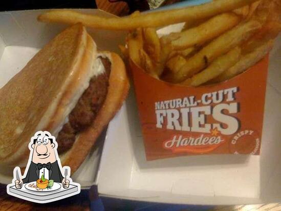 Menu at Hardee's fast food, Beardstown, US Hwy 67