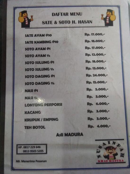 Menu at Warung Sate Dan Soto Madura H. Hasan restaurant, Cimahi