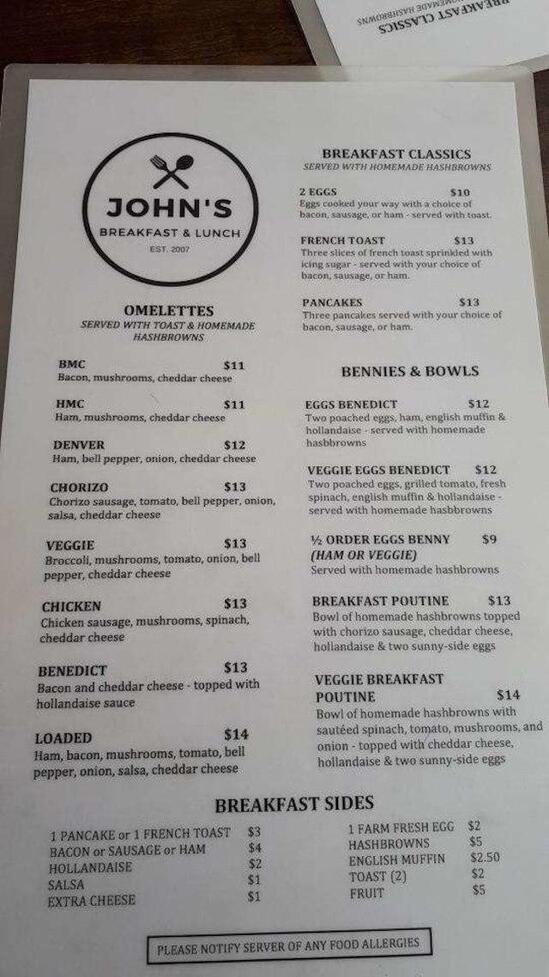 Menu at John's Breakfast & Lunch restaurant, Calgary