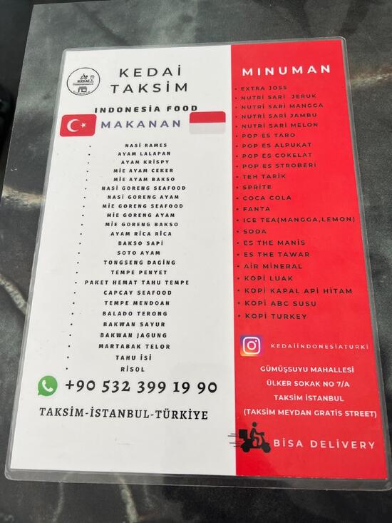 Menu at KEDAİ TAKSİM İNDONESİAN FOOD RESTAURANT & TAKE AWAY ENDONEZYA ...