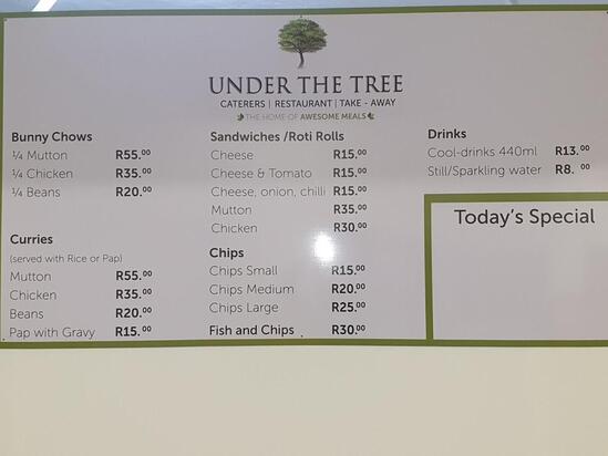 Menu at Under the tree takeaway restaurant, Verulam