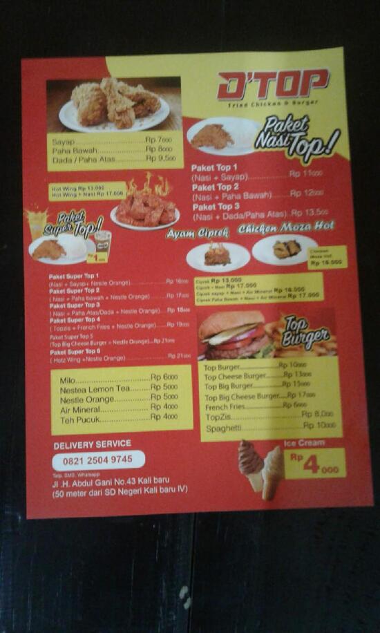 Carta del restaurante D'TOP Fried Chicken & Burger, Depok