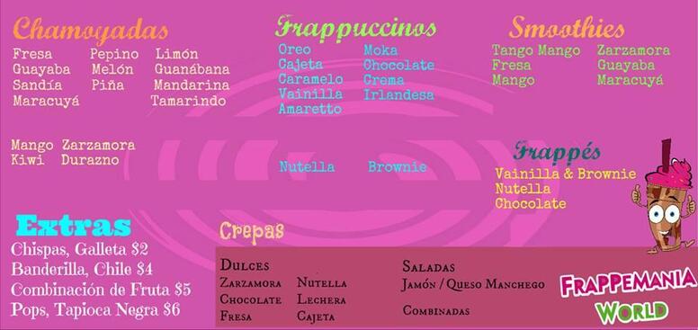 Menu at Frappemania world cafeteria, Emiliano Zapata