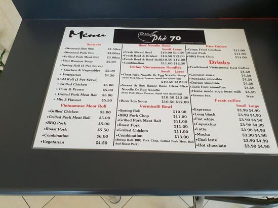 Menu at Pho 70 restaurant, Murray Bridge