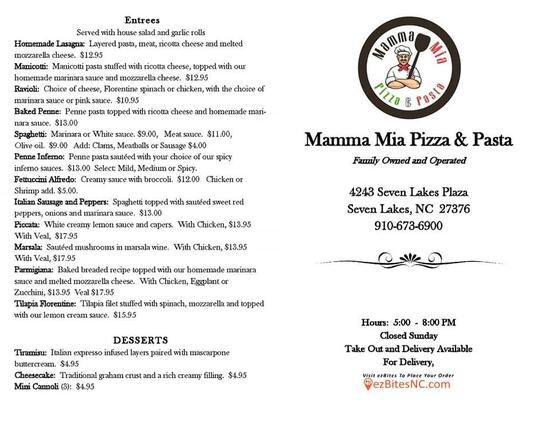 Menu at Mamma Mia's Pizza and Pasta pizzeria, West End