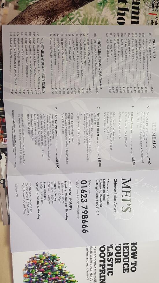 Menu at Mei's Chinese fast food, Mansfield