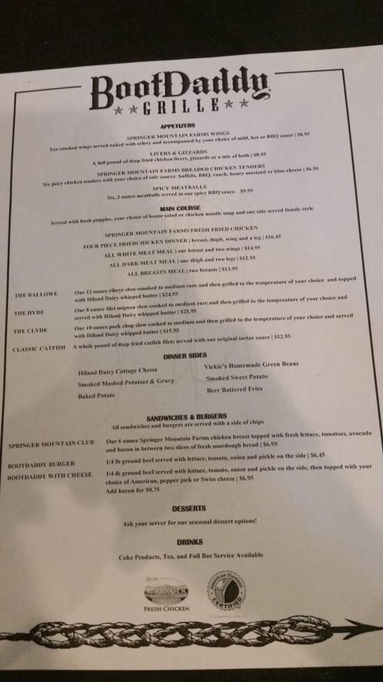 Menu at BootDaddy Grille restaurant, Springfield