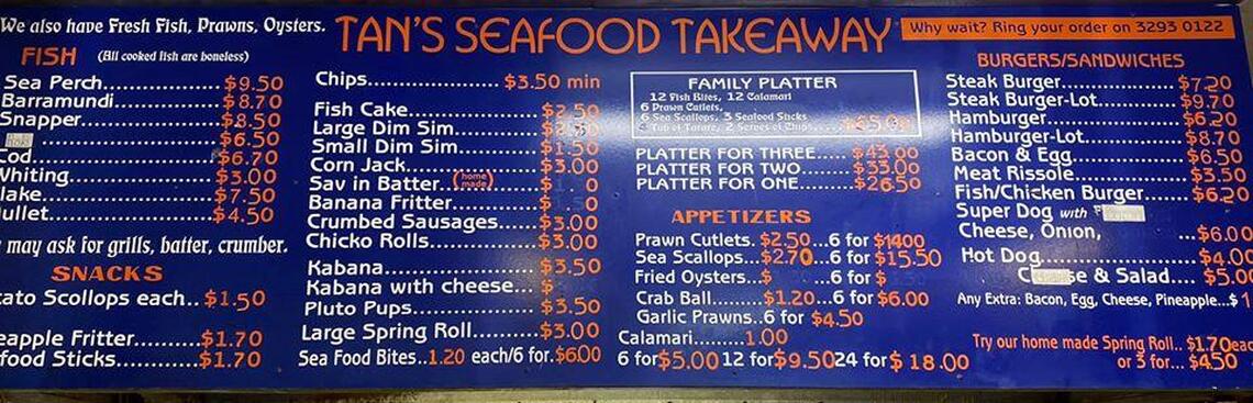 Menu at Tan's Seafood Take-Away fast food, Deception Bay
