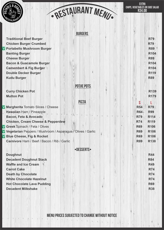 Menu at the Pothole & Donkey restaurant, Grahamstown