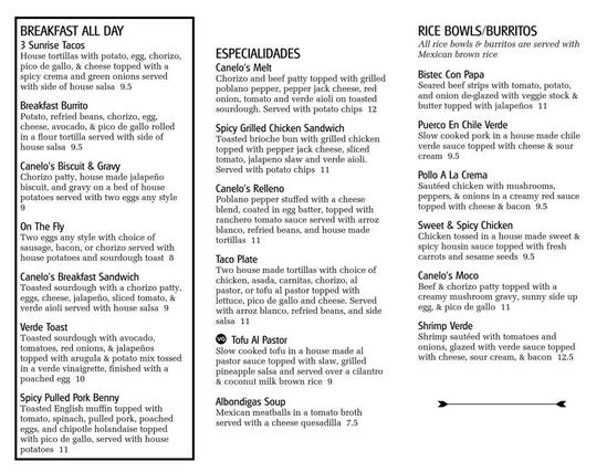 Carta del restaurante Canelo’s, Redding