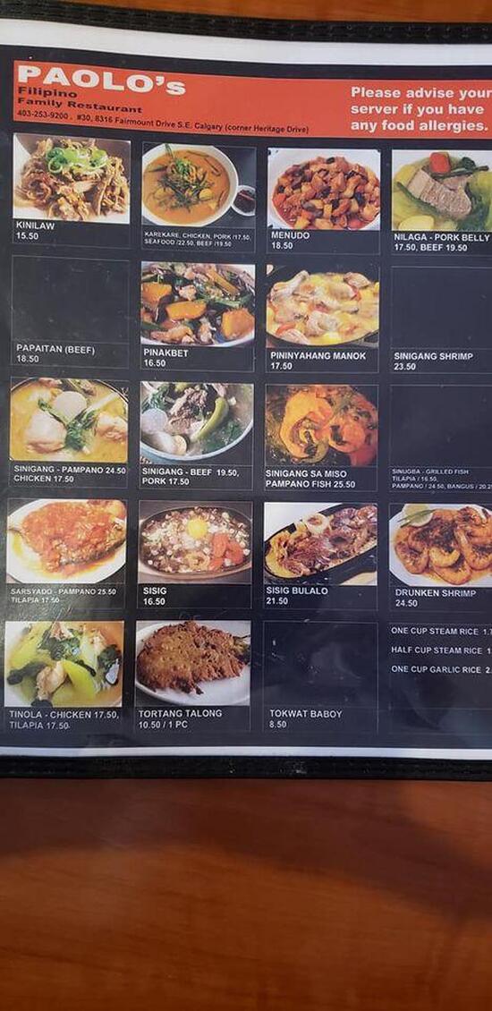 Menu at Paolo's Authentic Filipino Restaurant, Calgary