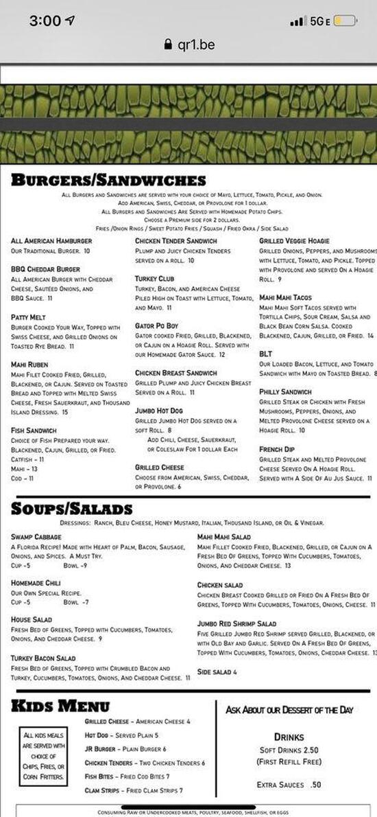 Menu at Jolly Gator Fish Camp restaurant, USA