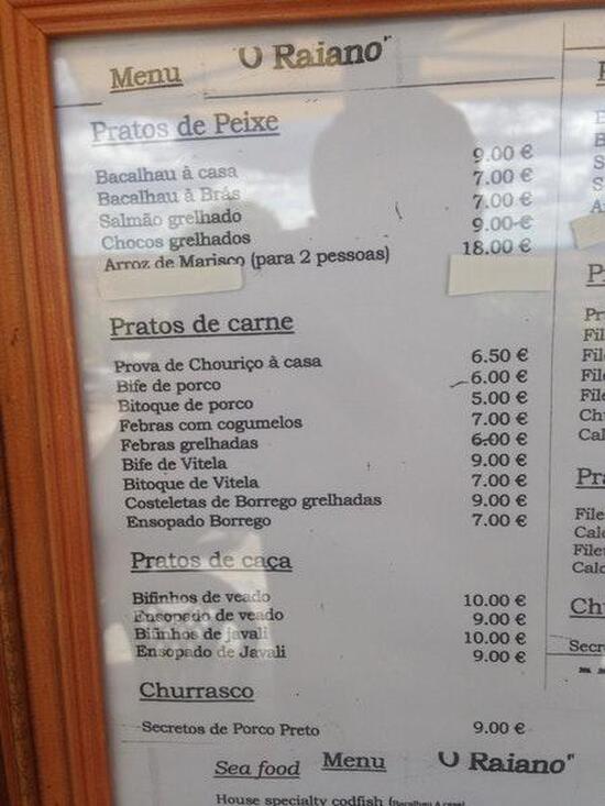 Menu at O Raiano restaurant, Penha Garcia