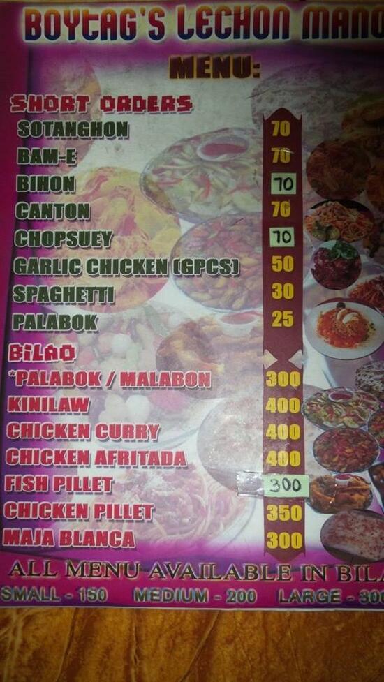 Menu at Boytag's Lechon Manok and Chicken House restaurant, Tupi