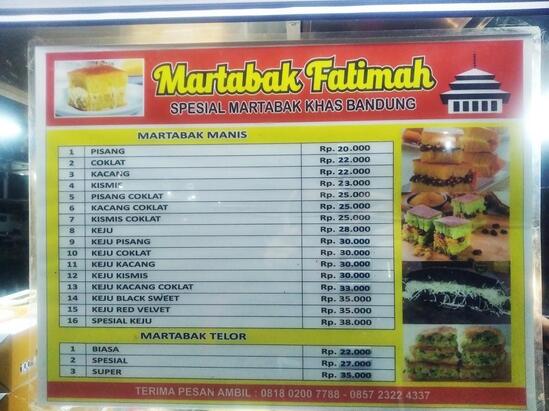 Menu at Martabak Fatimah restaurant, Pasiripis