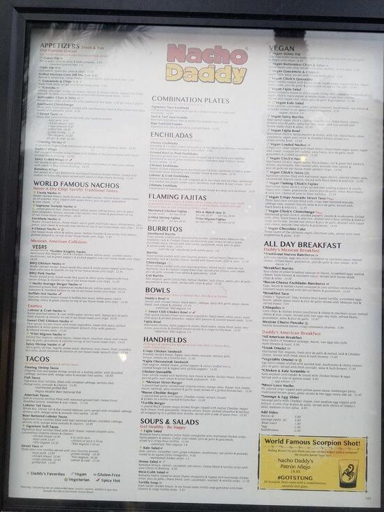 Menu at Nacho Daddy restaurant, Las Vegas, Miracle Mile Shops 3663