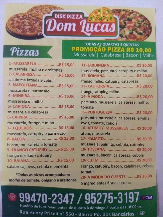 Pizzaria Dom Lucas, São Paulo - Menu do restaurante, preços e opiniões