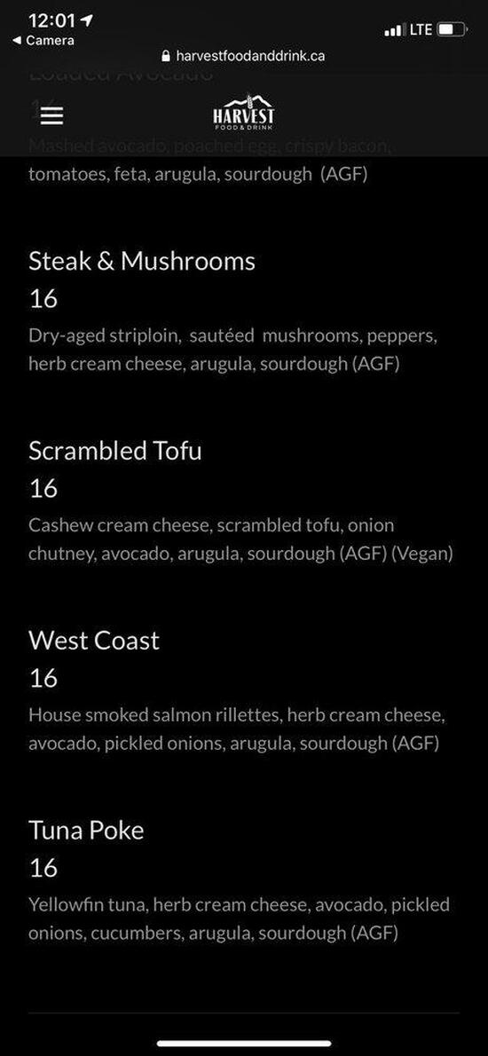 Menu at Harvest Food & Drink restaurant, Jasper