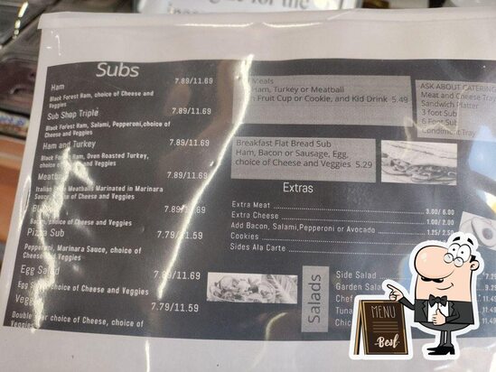Menu at The Sub Shop restaurant, Trinidad