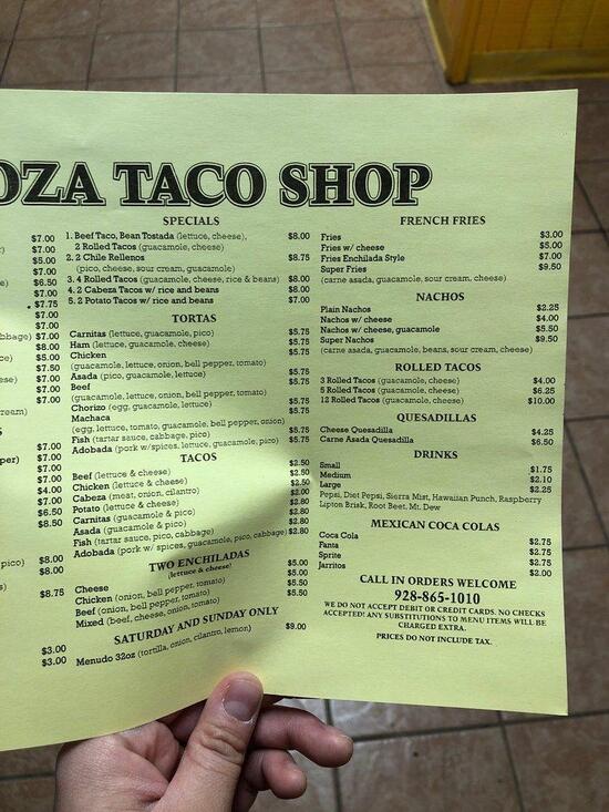 Menu at Los Mendoza Taco Shop restaurant, Clifton, 335 N Cornando Blvd