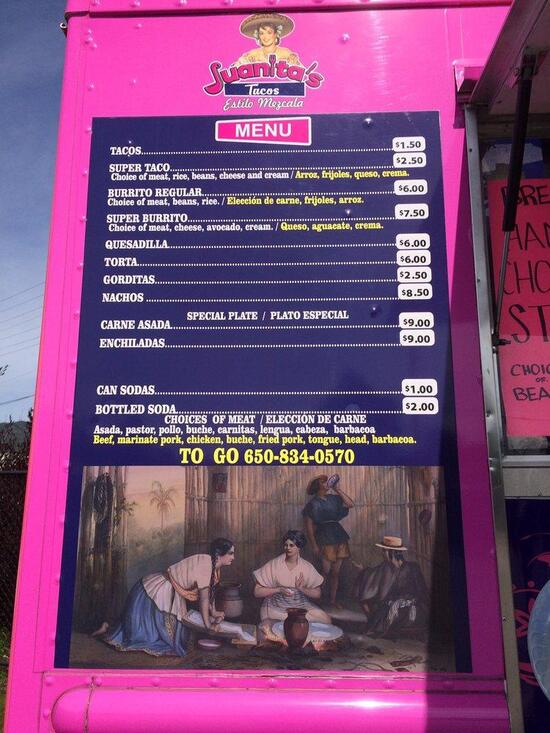 Menu at Tacos Juanita's Estilo Mezcala restaurant, South San Francisco ...