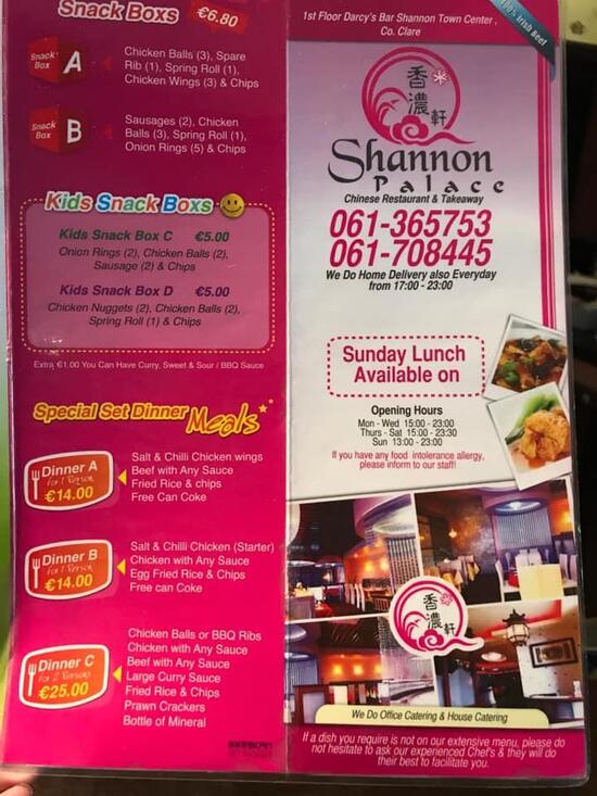 Menu at Shannon Palace restaurant, Shannon