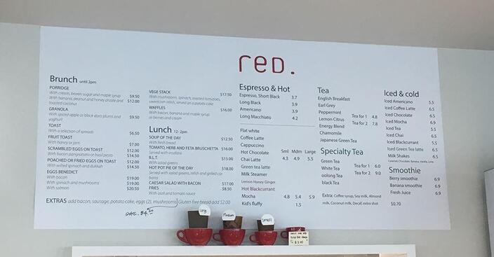 Menu at Cafe Red - Taiora: Qe2, Christchurch
