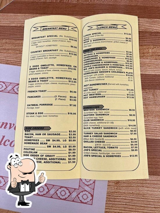 Menu at Joe's Diner restaurant, Fredericton