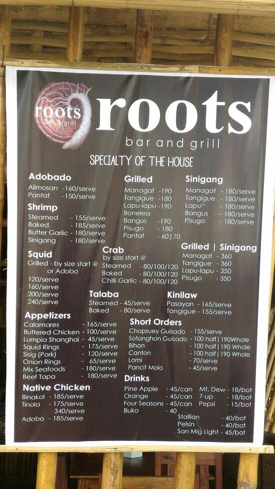 Menu at Roots Bar and Grill, Iloilo City
