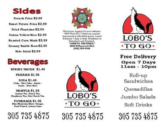 Menu at Lobo's To Go restaurant, Key West